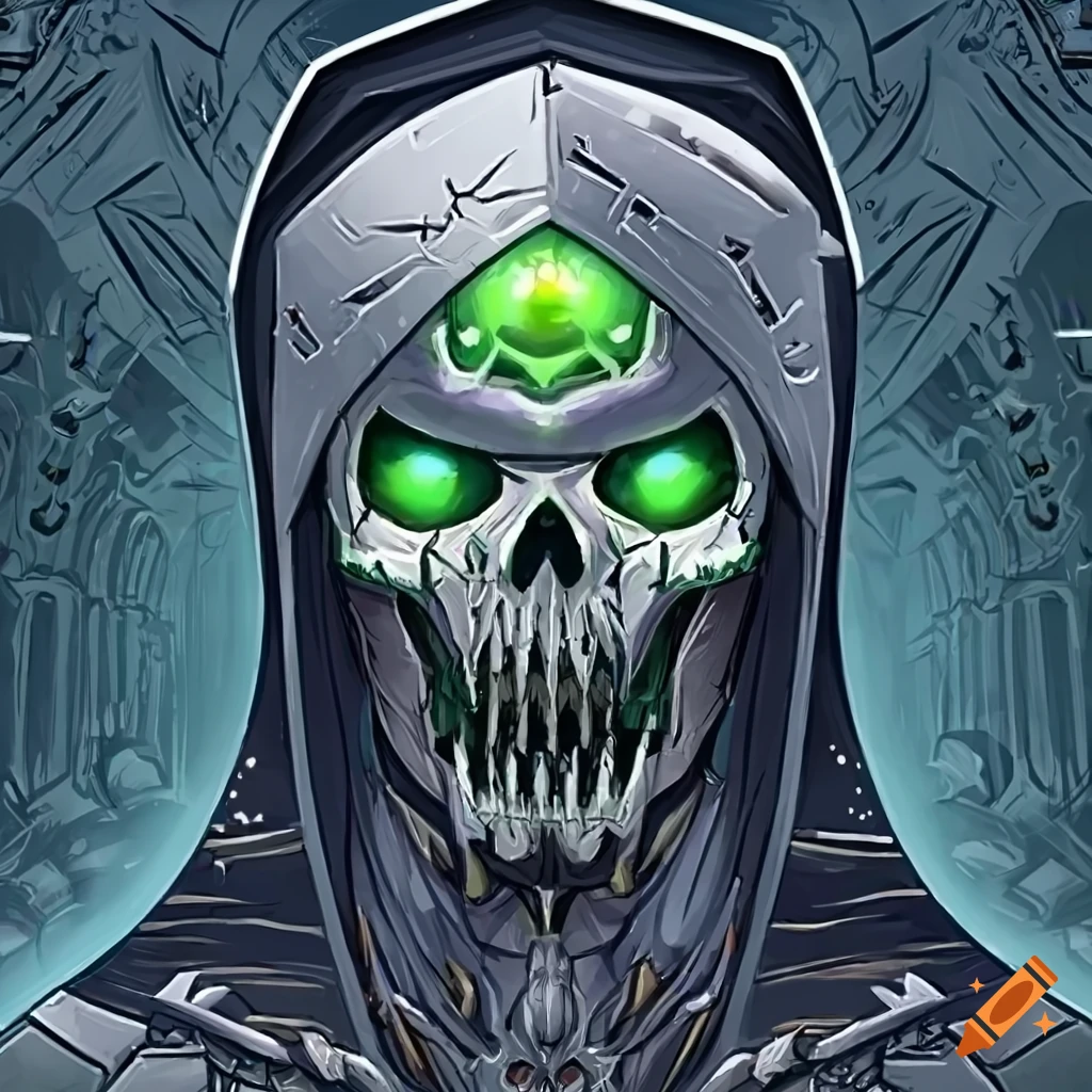 Detailed sci-fi grim reaper design with expressive green eyes on Craiyon