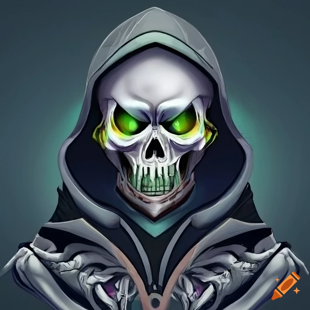 Grim reaper design with expressive green eyes and dark, symmetrical ...