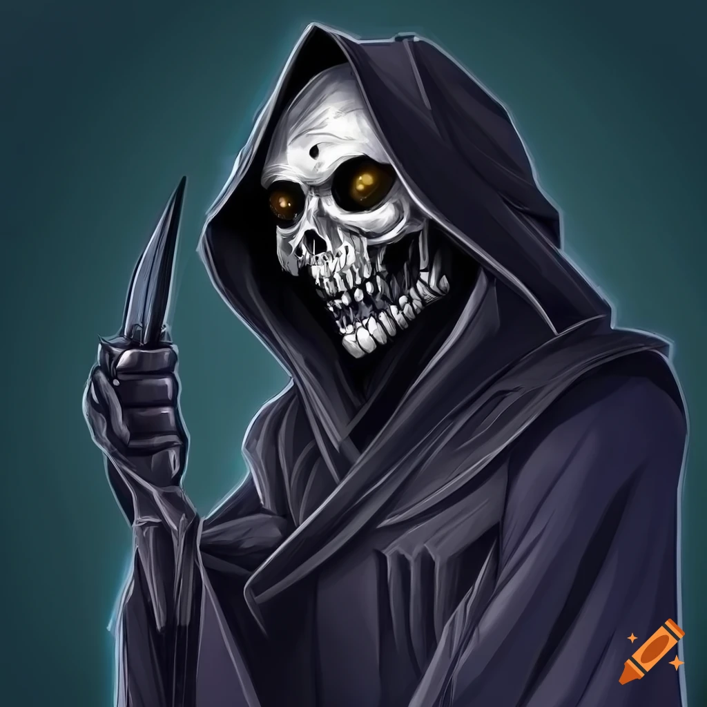 Detailed and symmetrical design of the grim reaper with piercing green ...