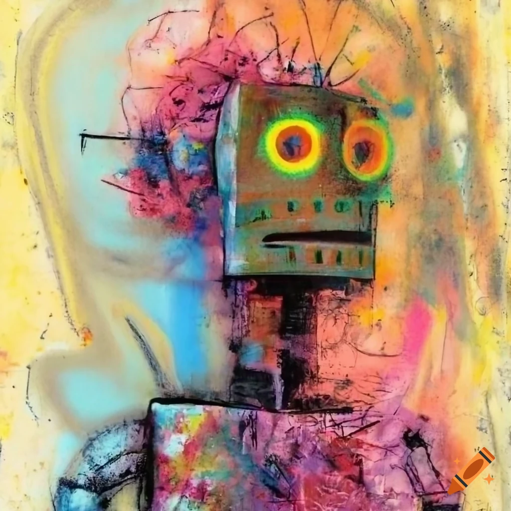 Mixed media collage abstract robot painting with figure-like shapes and ...