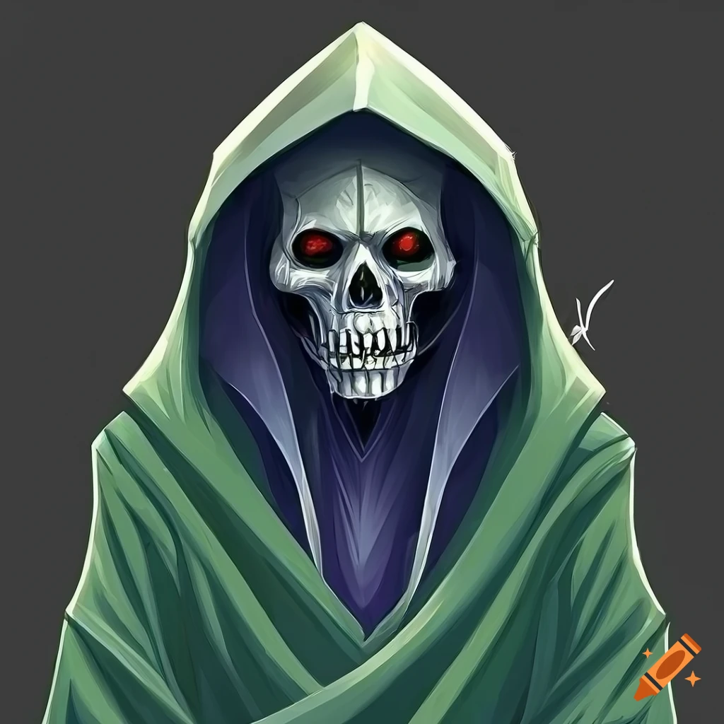 Detailed and symmetrical design of the grim reaper with piercing green ...