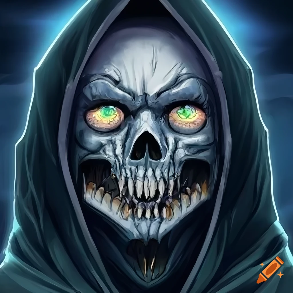 Grim reaper design with expressive green eyes and dark, symmetrical ...