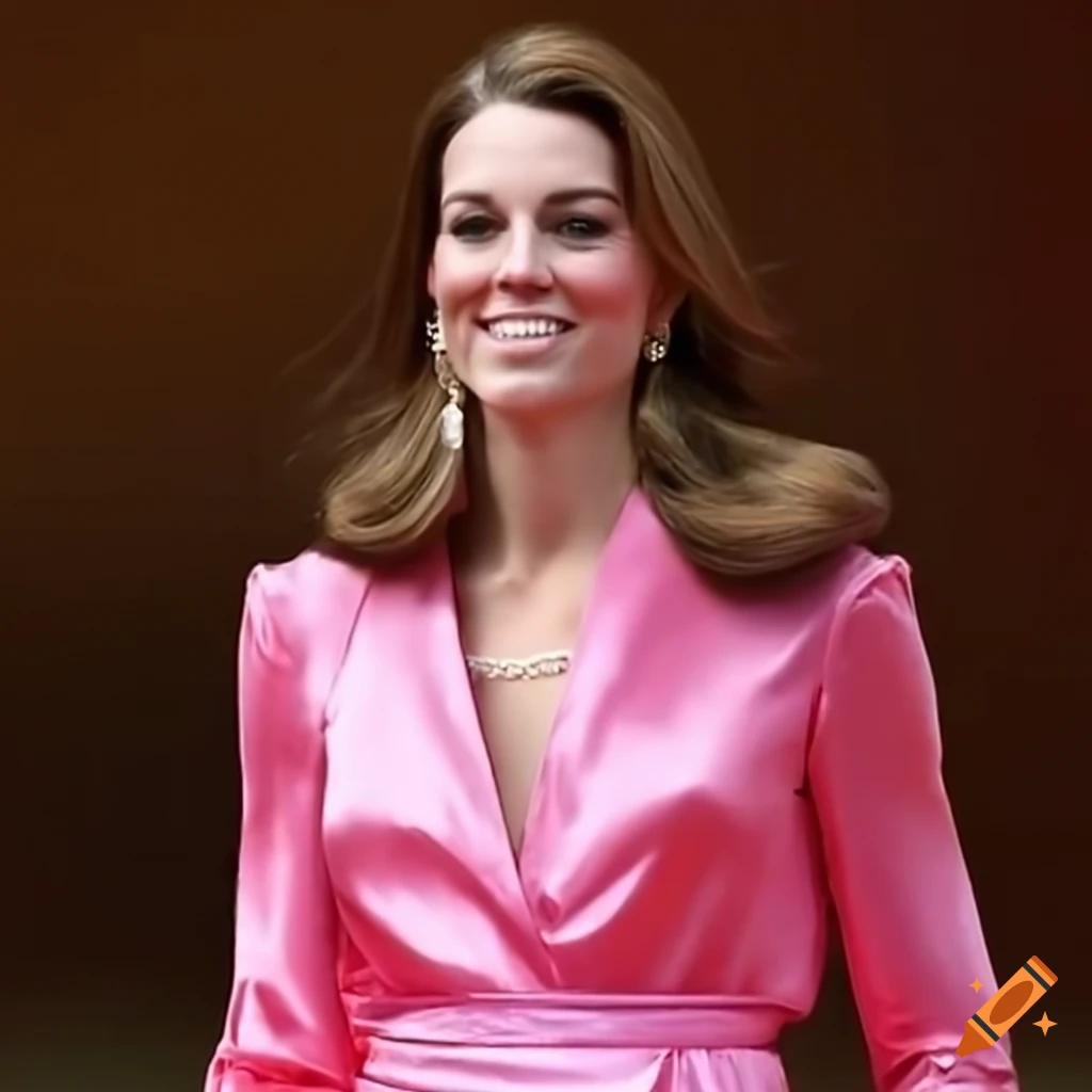 Princess Kate in pink satin blouse and skirt on Craiyon