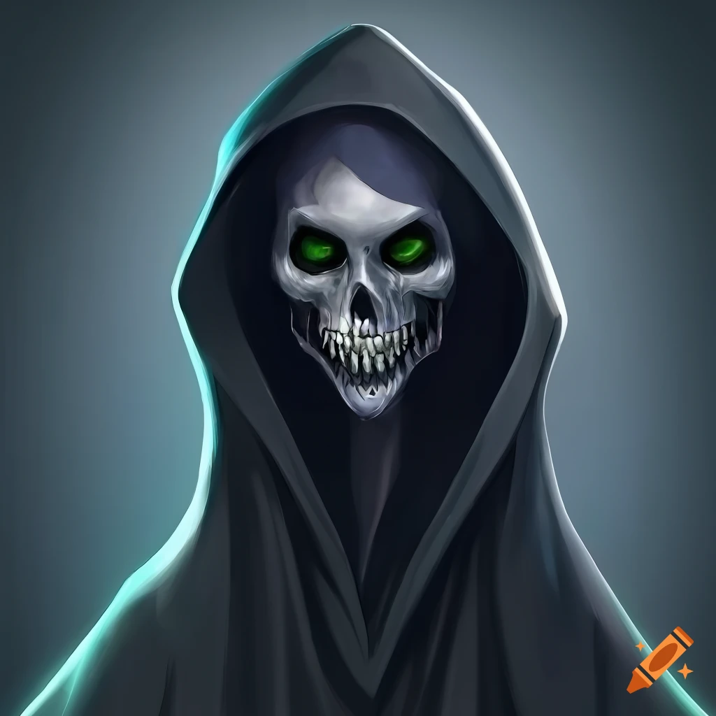 Design for grim reaper with meticulous details and piercing green eyes ...