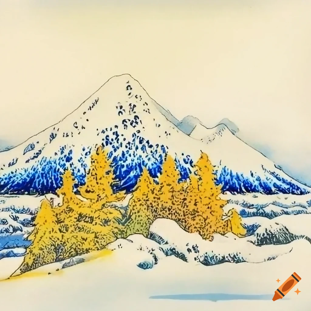 Hokusai painting of vibrant yellow larches dusted in snow with a man ...