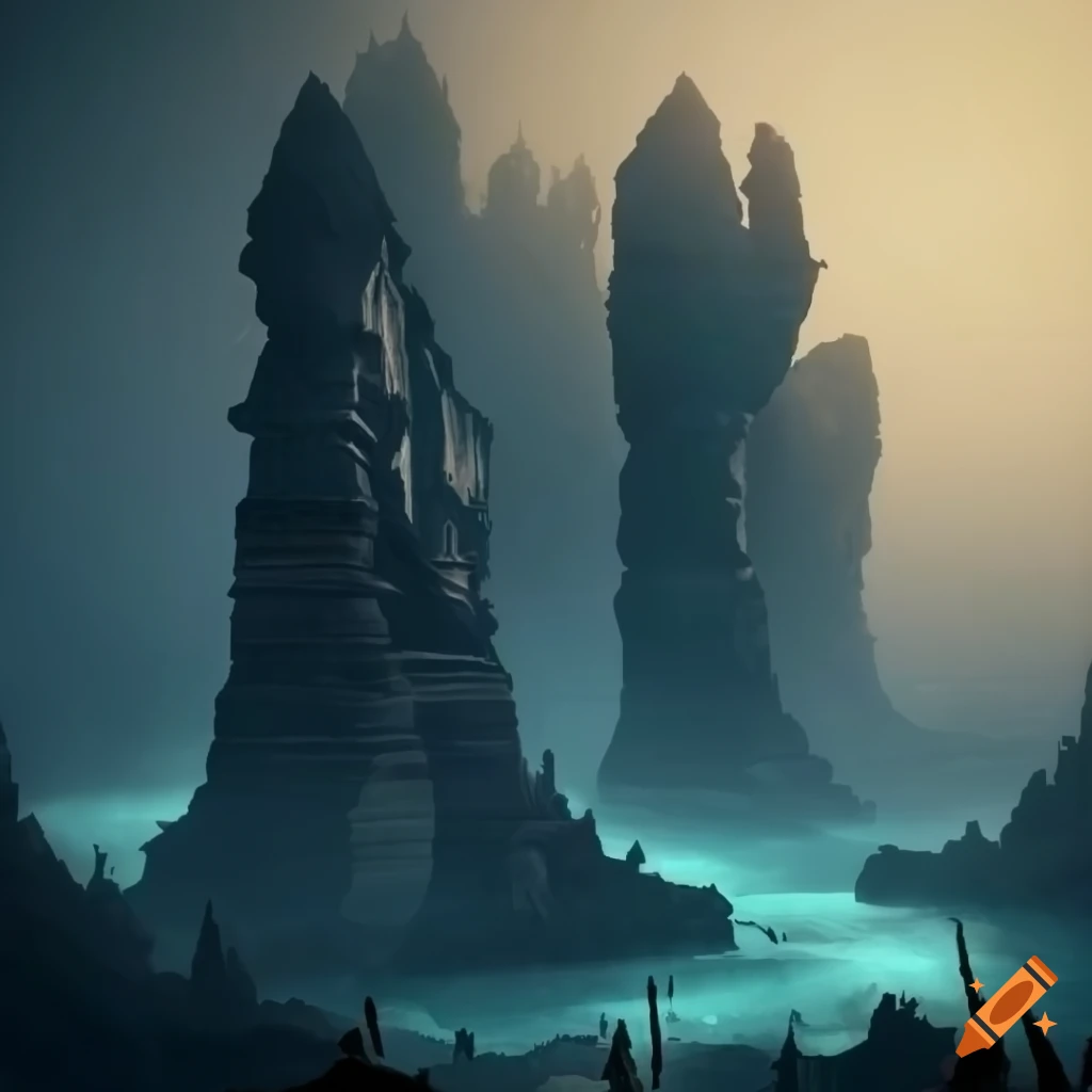 Misty rock pillars with staircases and bridges, inhabited by dragon ...