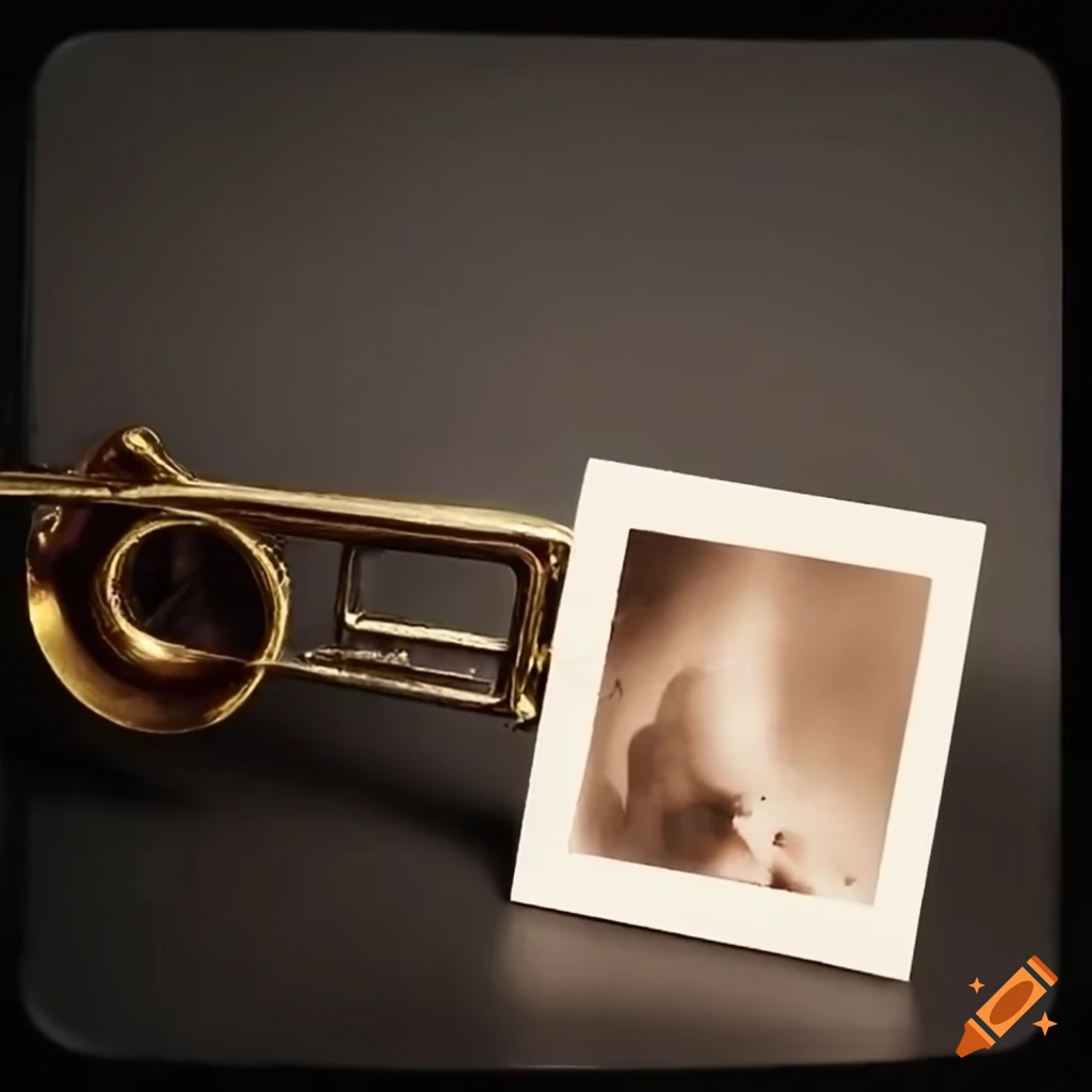 Trumpet player drinking milk in a burn stained polaroid on Craiyon