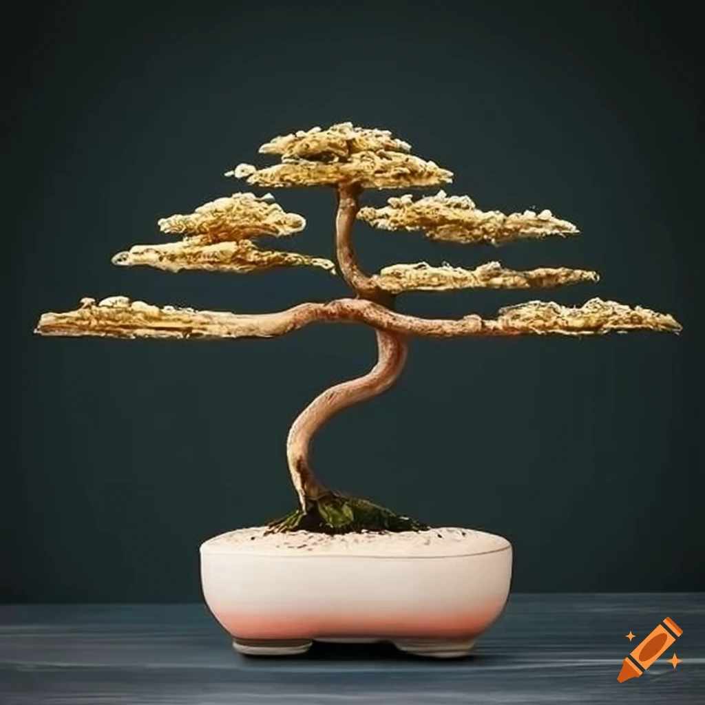 Elegant bonsai tree with branches in a marble and gold setting on Craiyon
