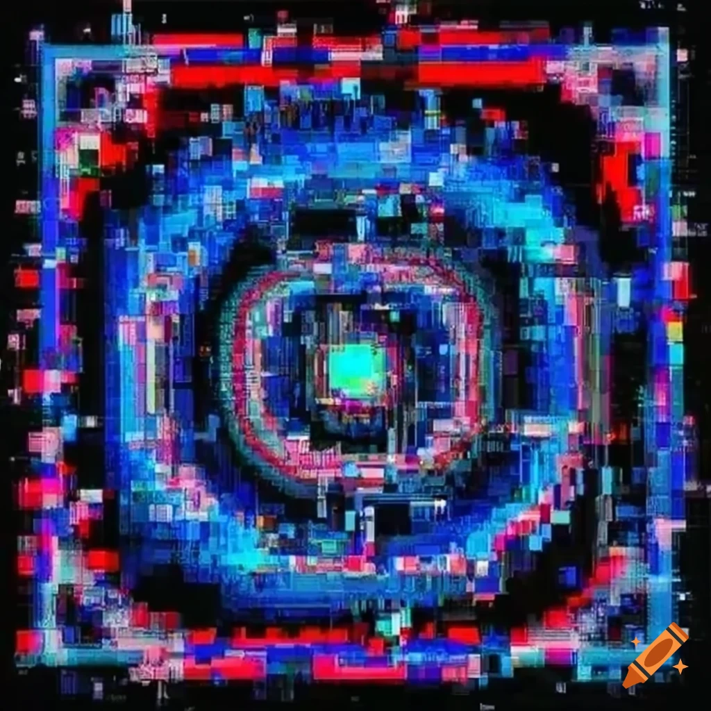 Circle of glitchy red and blue pixels representing technology ...