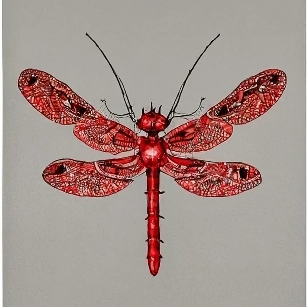 Meticulous drawing of intricate shiny red dragonfly perfectly mounted ...