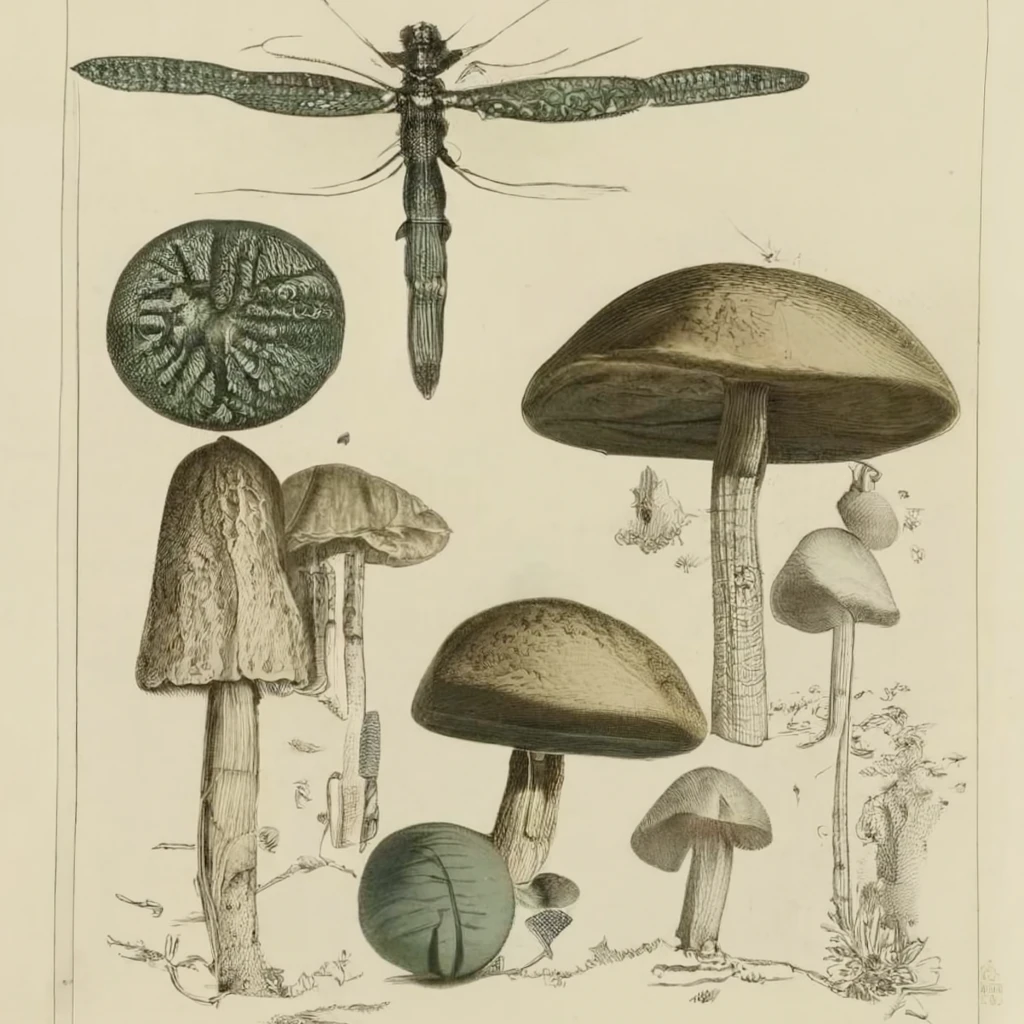 18 century scientific drawing of dragonflies and mushrooms on Craiyon