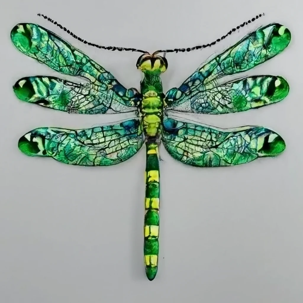 Meticulous drawing of intricate shiny green dragonfly perfectly mounted ...