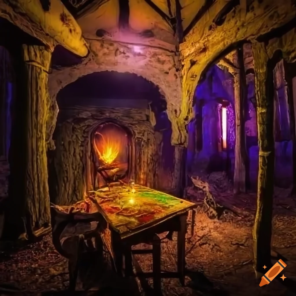 Medieval bar inside a fallen meteor in a forest at night on Craiyon