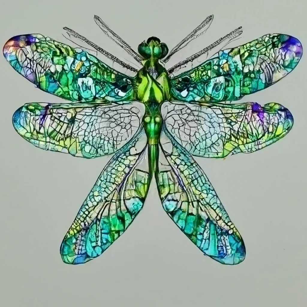 Meticulous drawing of intricate shiny green dragonfly perfectly mounted ...