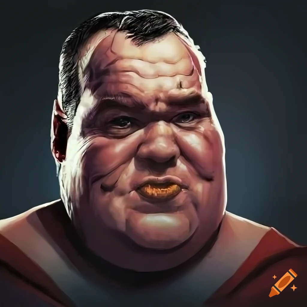Fat Bill as Fat Superman eating a burger in action movie poster on Craiyon