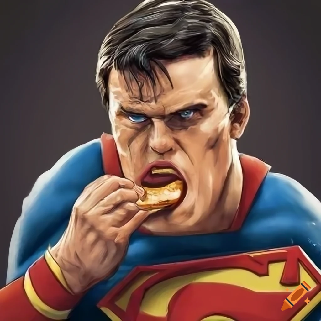 Fat bill as fat superman eating a burger in action movie poster on Craiyon