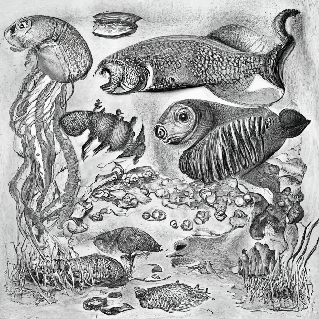 Under the sea scene with many sea creatures close to the shore old time ...