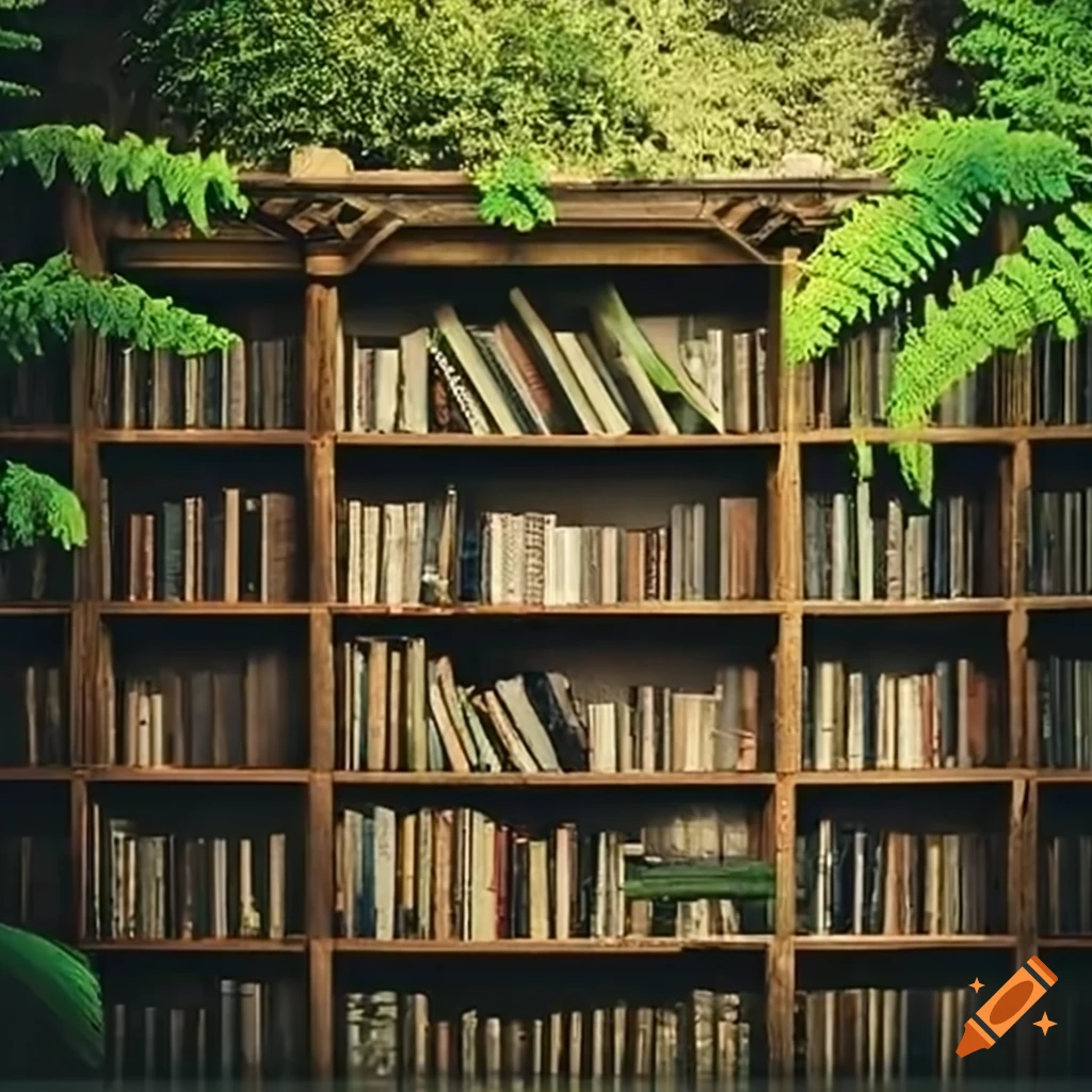 Bookshelf made of living trees and ferns in a forest setting on Craiyon