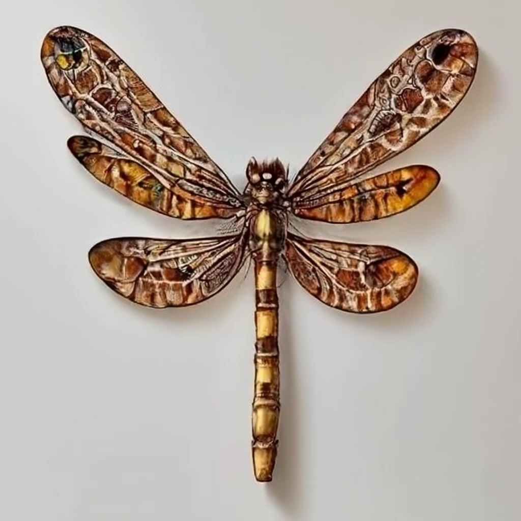 Meticulous drawing of intricate shiny brown dragonfly perfectly mounted ...