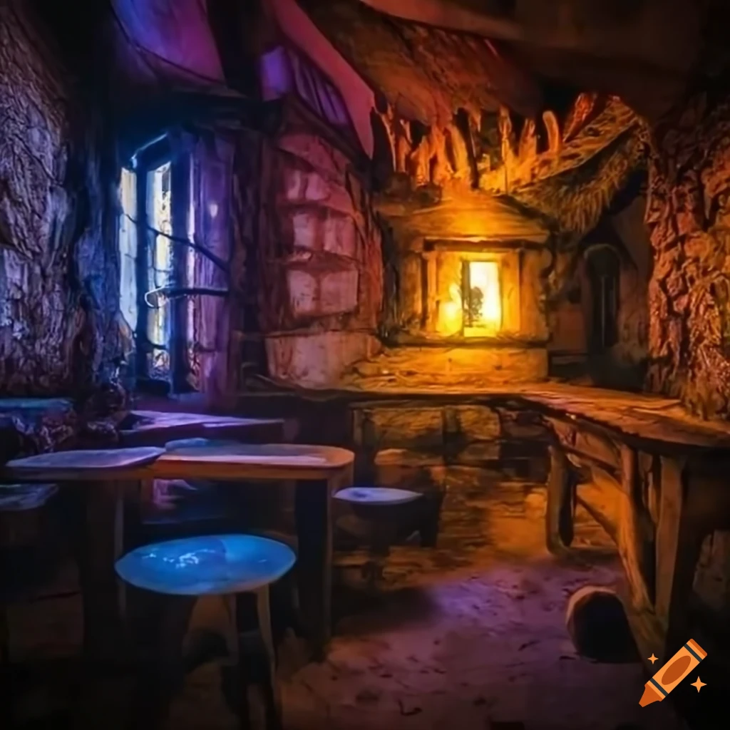 Medieval bar inside a fallen meteor in a forest at night on Craiyon