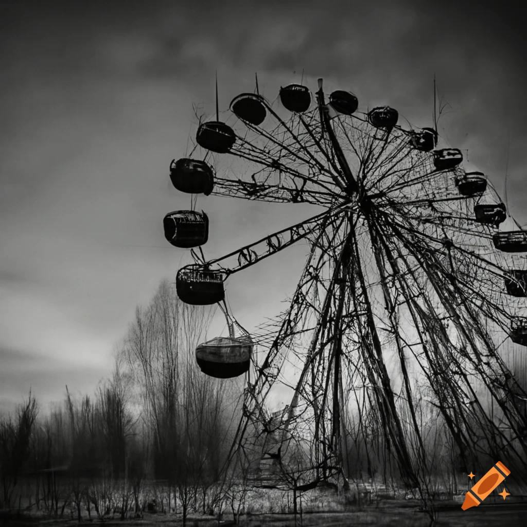 High-contrast black-and-white photo of iconic ferris wheel in pripyat ...