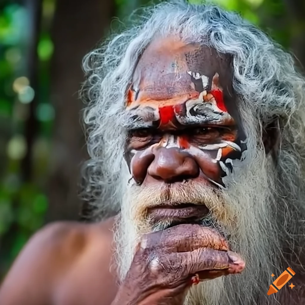 Elderly aboriginal man with white hair and beard and white face and ...