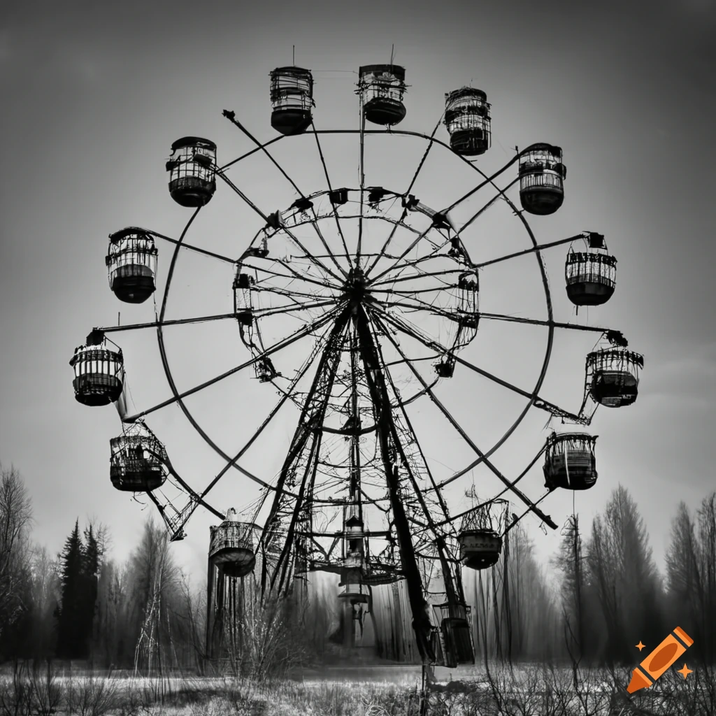 High-contrast monochrome photo of pripyat ferris wheel with neon yellow ...