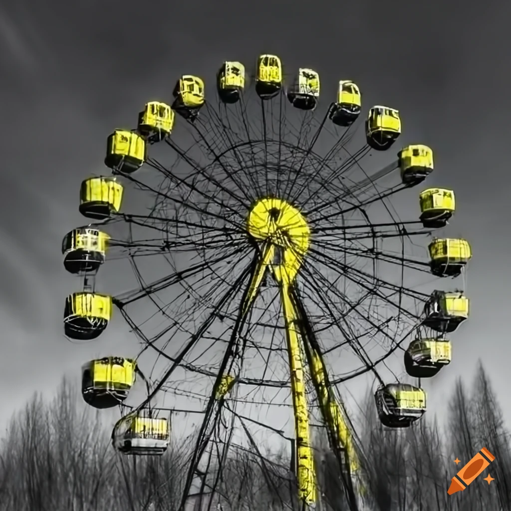 Monochrome photo of ferris wheel of pripyat with neon yellow carriages ...