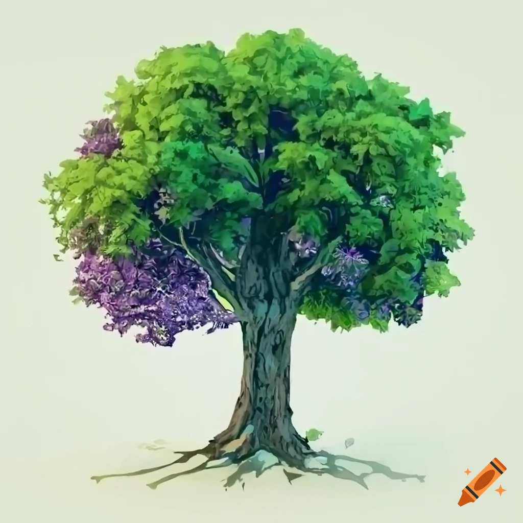 Stylized tree with green, lilac, and silver leaves in warm light on Craiyon