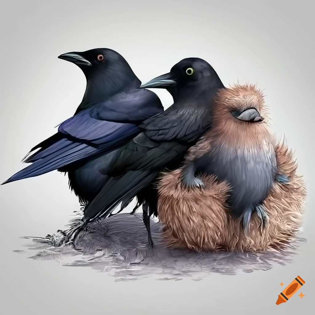 Photo-realistic illustration of a family of three crows with detailed ...