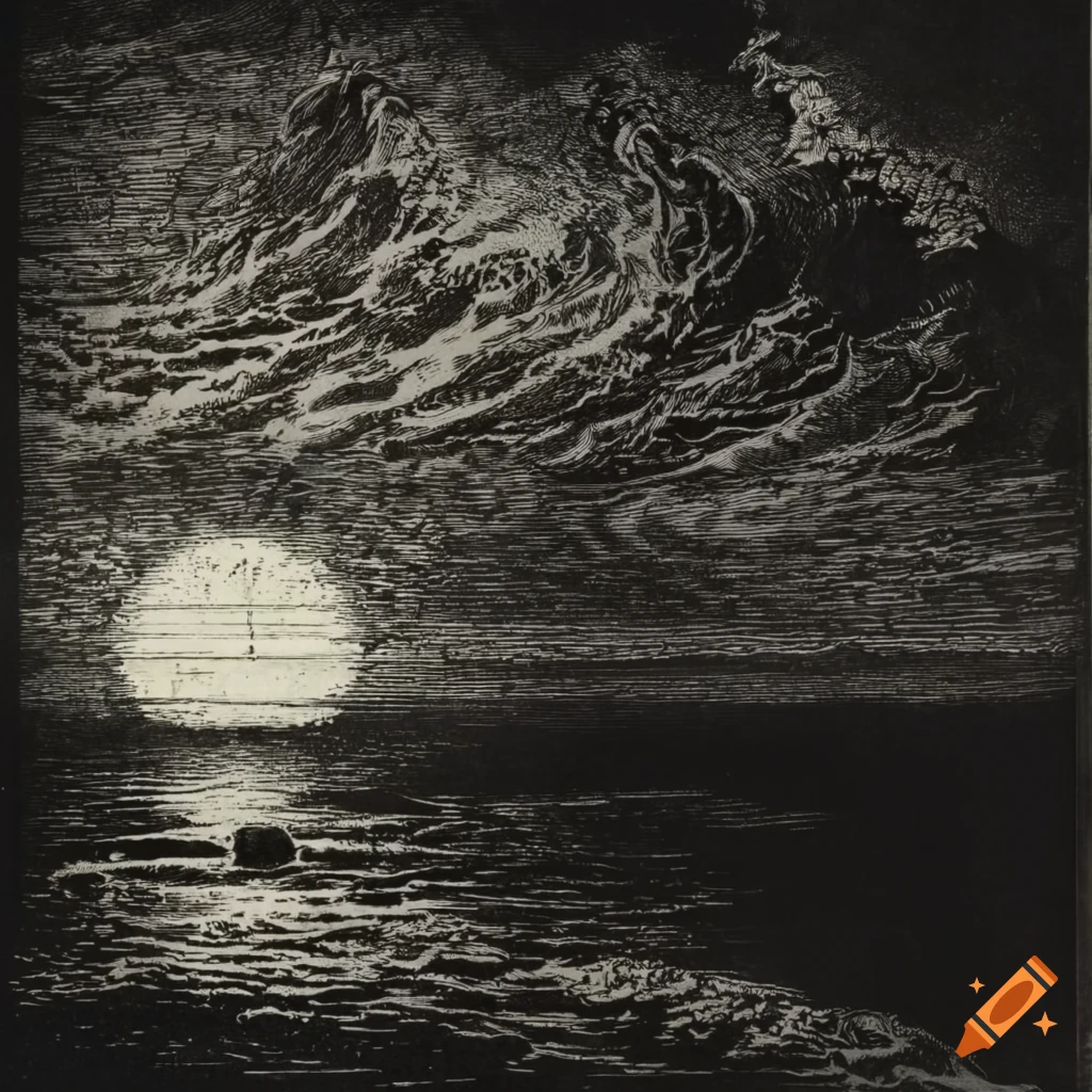 Sun over dark sea with uncanny gloom in Gustave Doré style acid etching ...