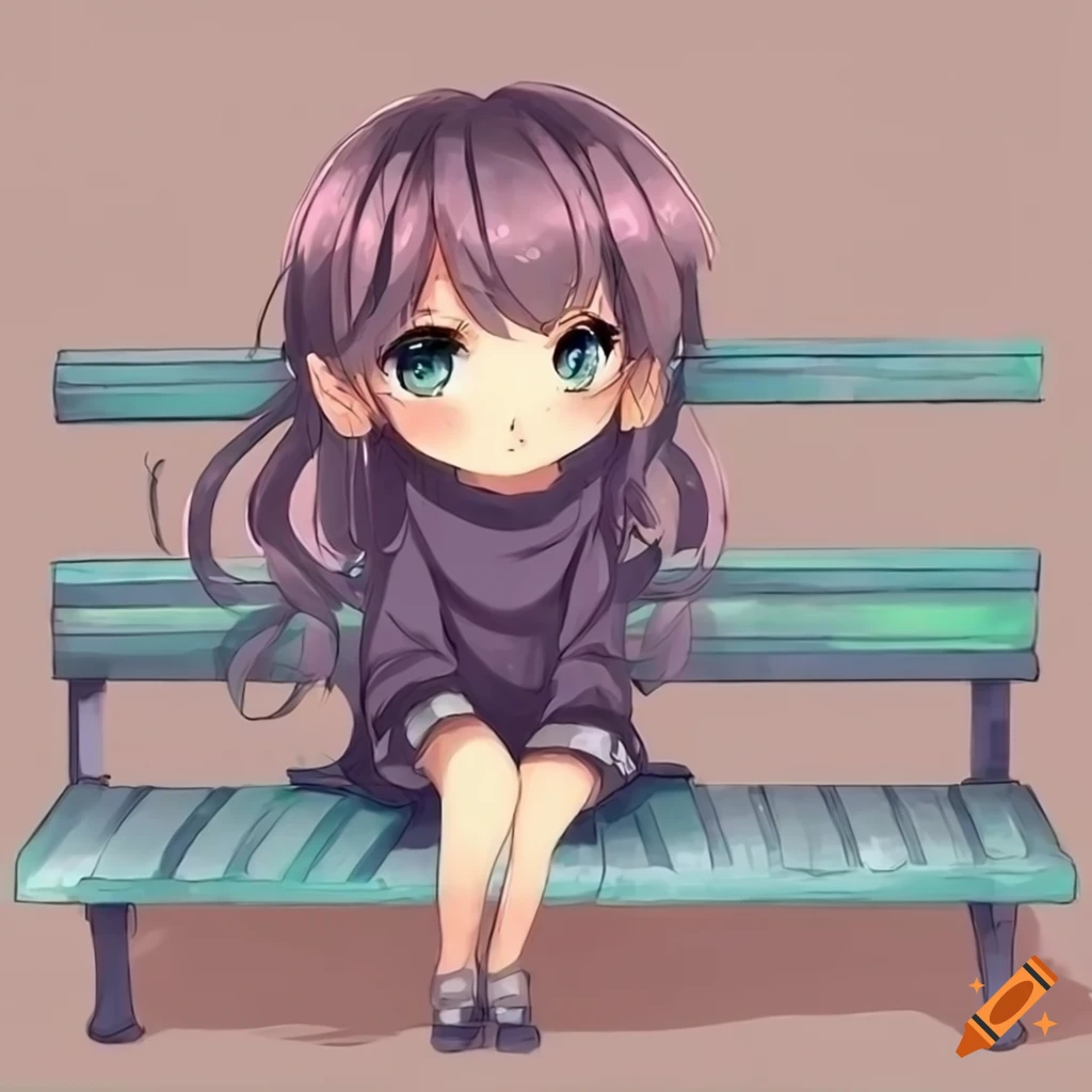 Anime chibi girl resting head on a bench on Craiyon