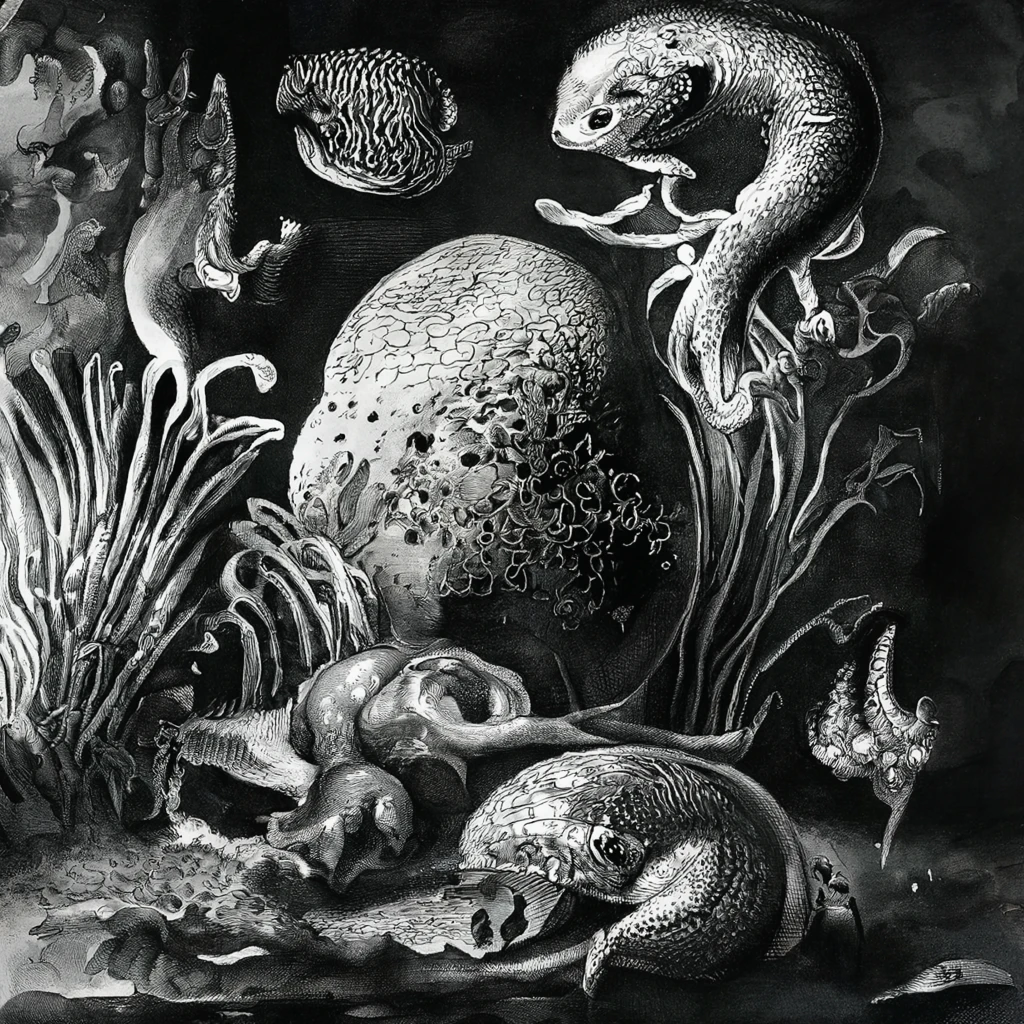 A 18th century drawing of under the sea with many sea creatures on Craiyon