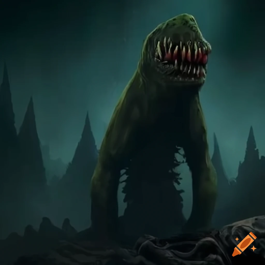 Hideous monster-alien lurking in a dark landscape on Craiyon