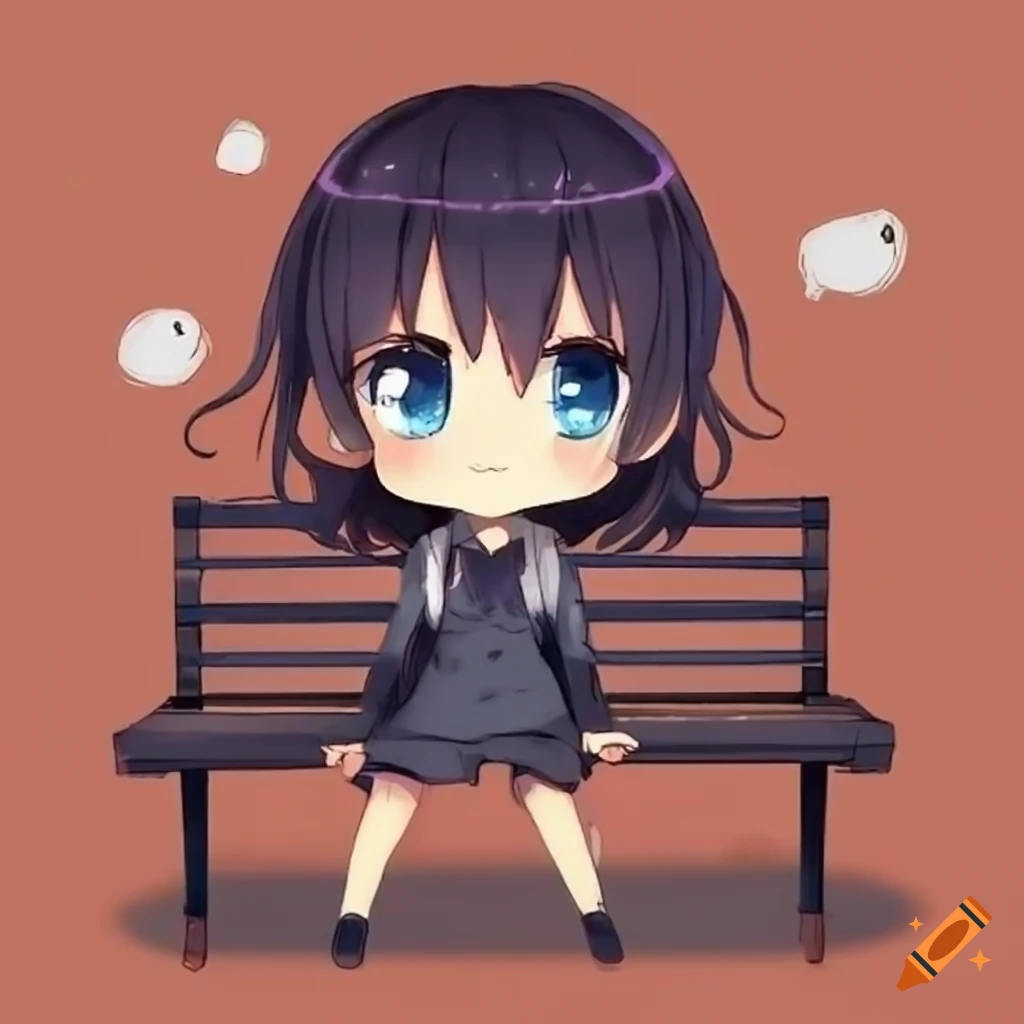 Anime chibi sitting with a ghost on a park bench on Craiyon