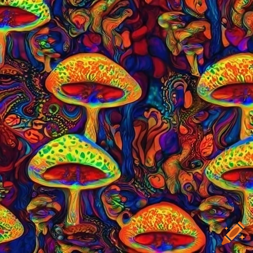 Vibrant colorful psychedelic mushroom repeating pattern on Craiyon