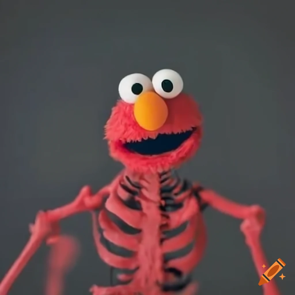 Elmo crying emerald tears while looking at his skeleton on Craiyon