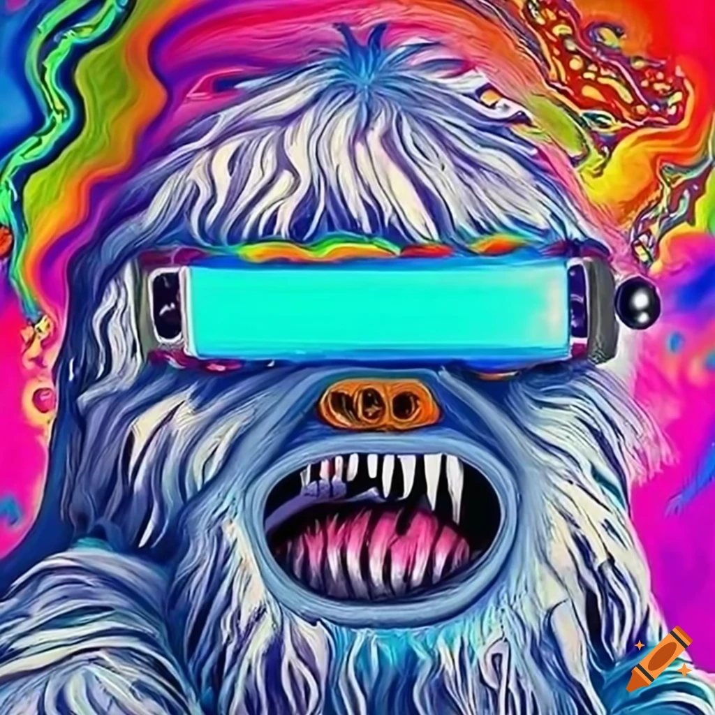 Happy yeti wearing rainbow snow goggles with a magical symbol of chaos ...