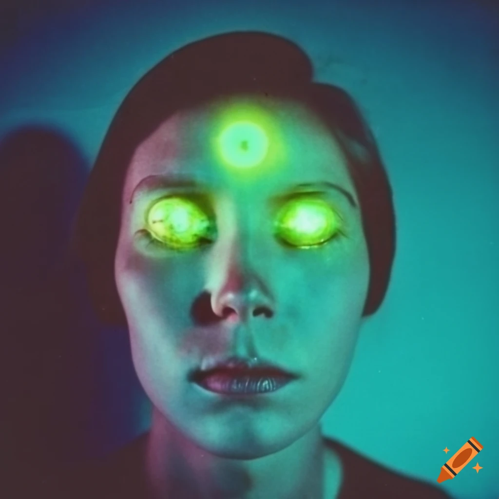 Portrait of a person with glowing eyes in analog color photo style on ...