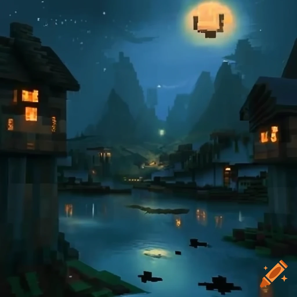Minecraft swamp illuminated at night with bats flying, inspired by ...