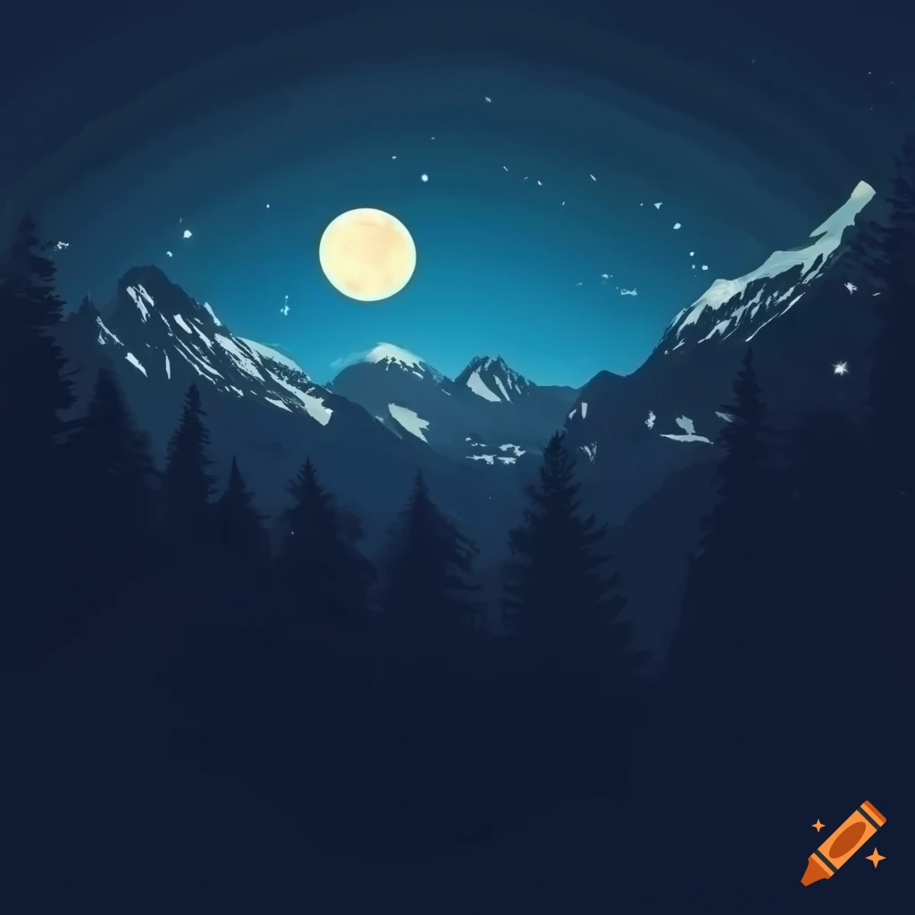 Nighttime mountain landscape with snowy peaks and moonlight on Craiyon