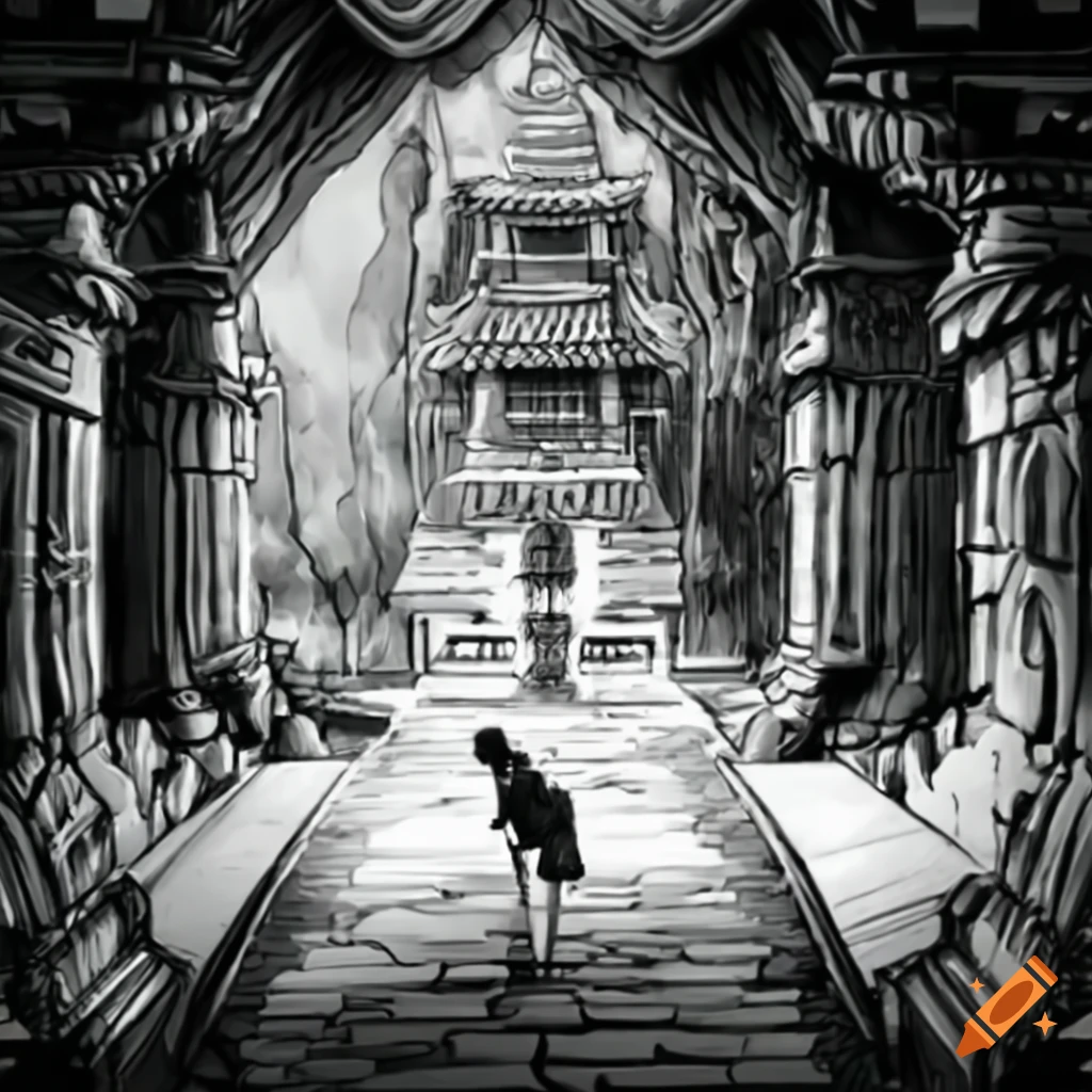 Traveler exploring a temple and discovering hidden treasure on Craiyon