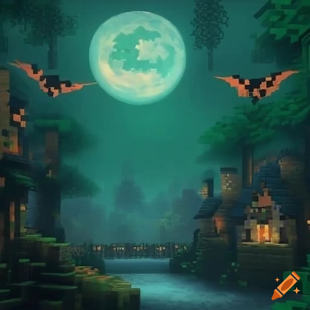 Spooky minecraft forest at night with bats and a green moon, thomas ...