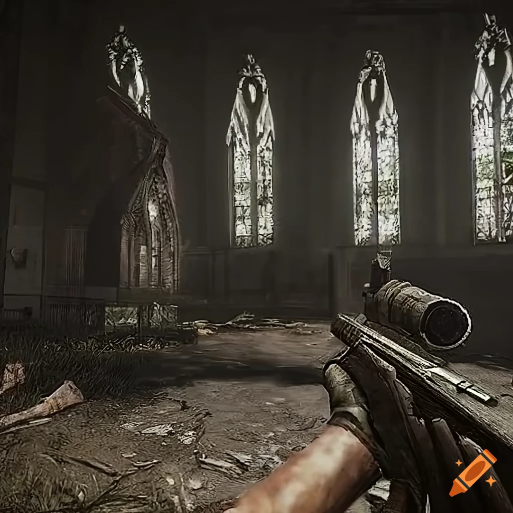 Screenshot of hunt showdown game showing an abandoned church on Craiyon