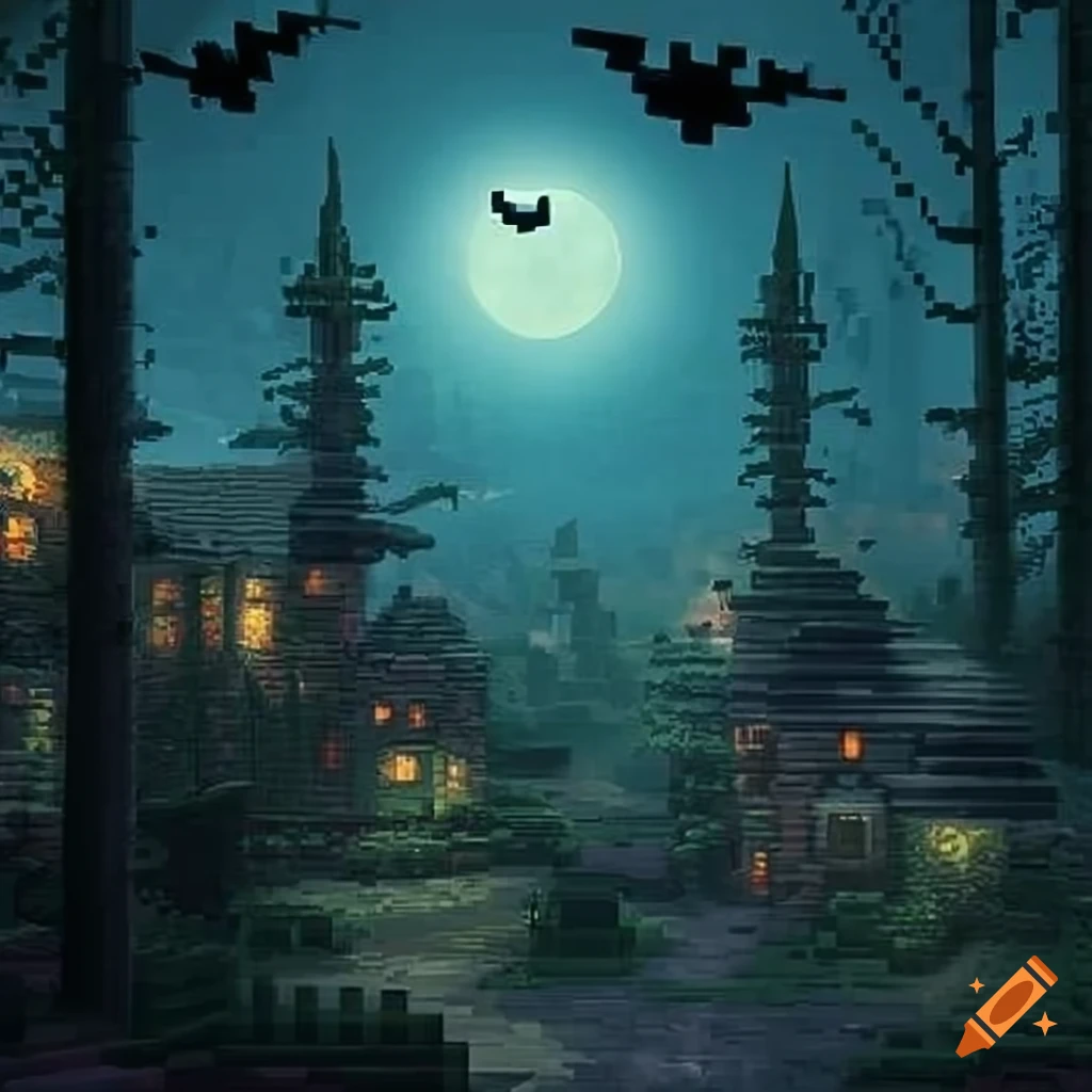 Spooky minecraft forest with bats and green square moon in a thomas ...