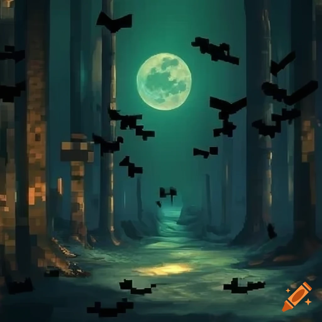 Spooky minecraft forest at night with bats and a green moon, thomas ...