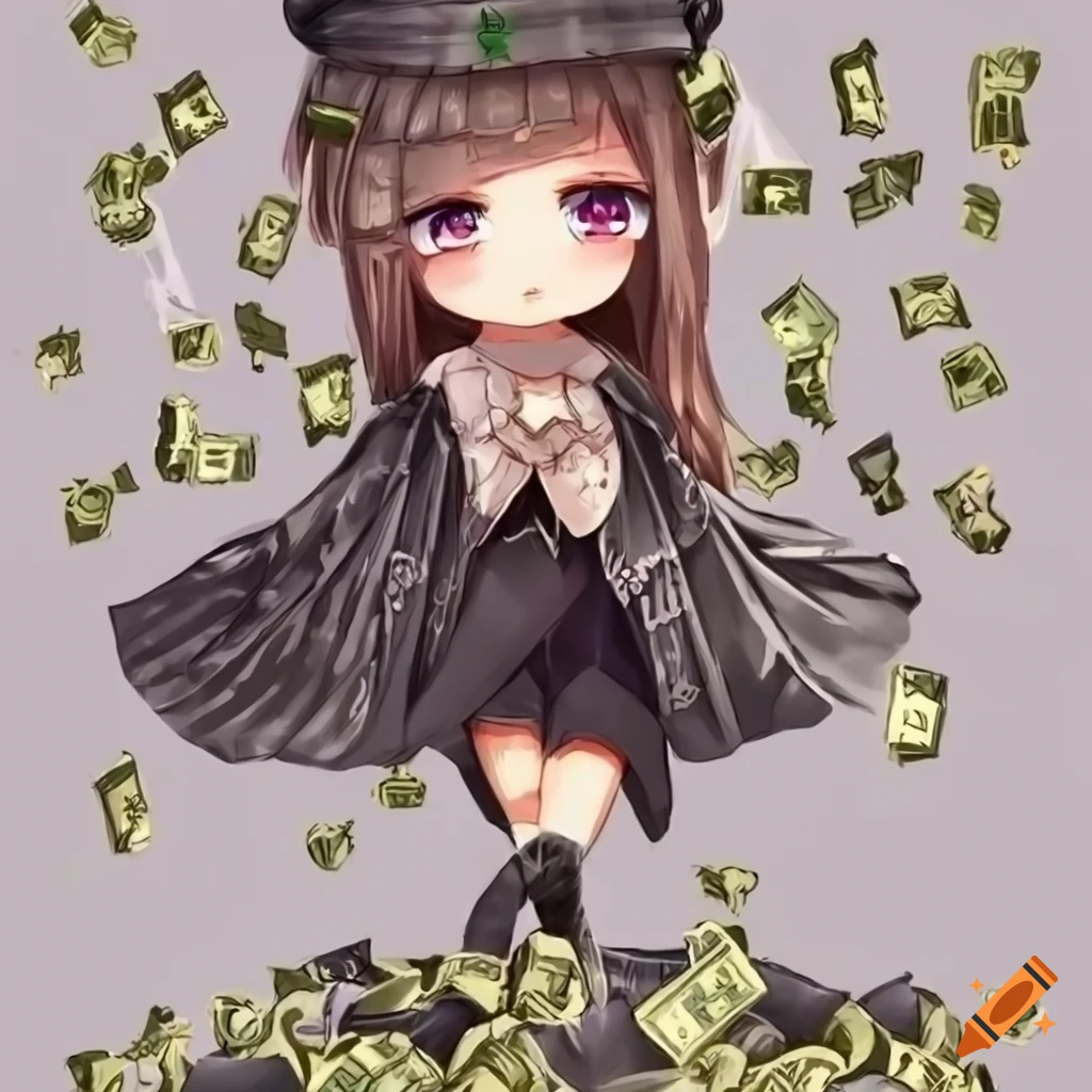 Anime chibi girl in luxurious attire surrounded by money on Craiyon
