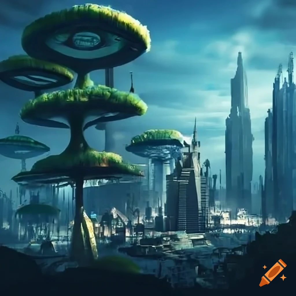 Futuristic tree city and mushroom city on Craiyon