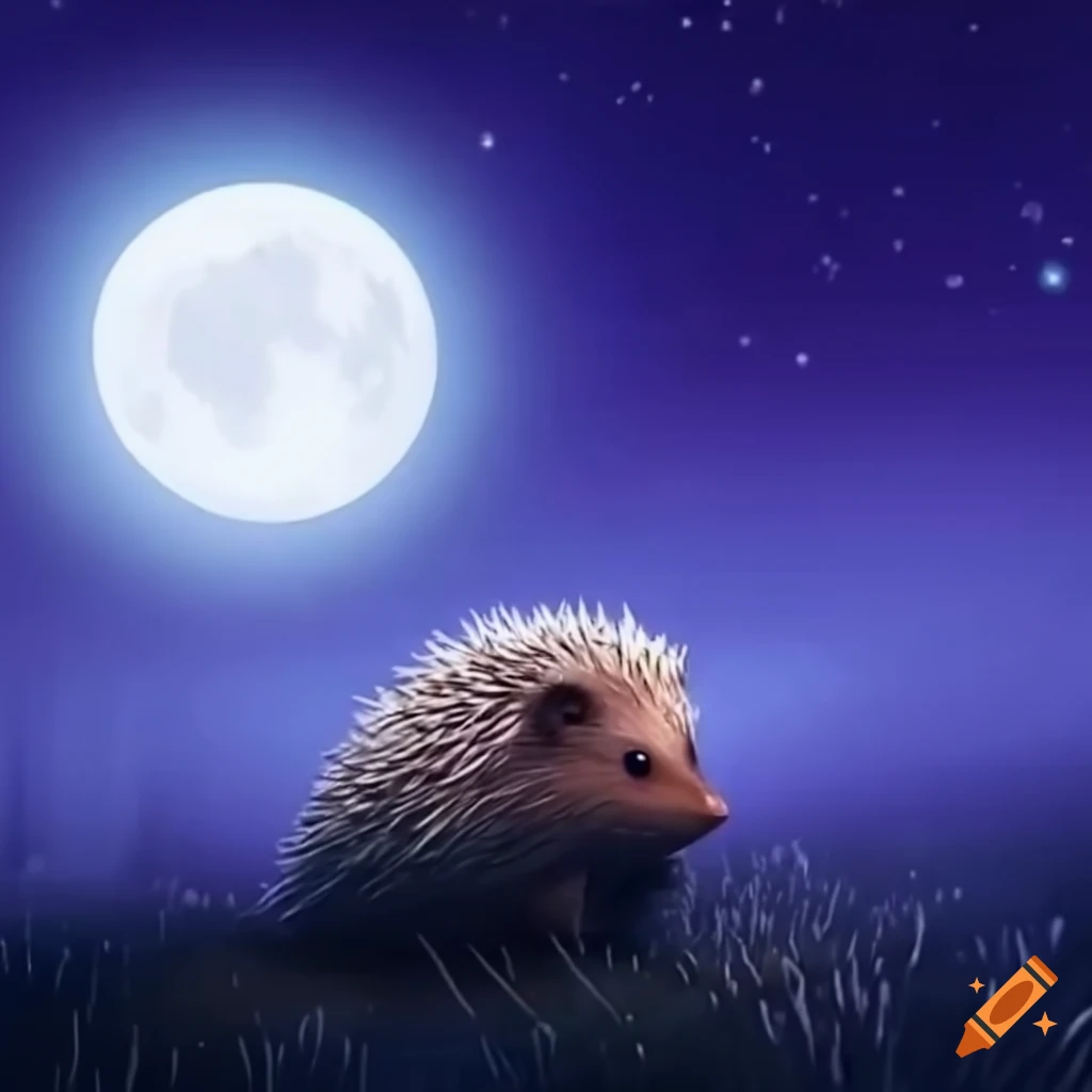Adorable hedgehog in picturesque countryside with moon and starry sky ...