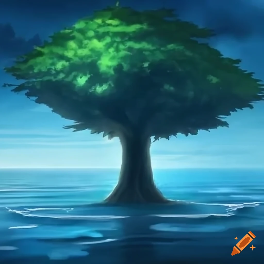 Grand tree standing tall over calm ocean water on Craiyon